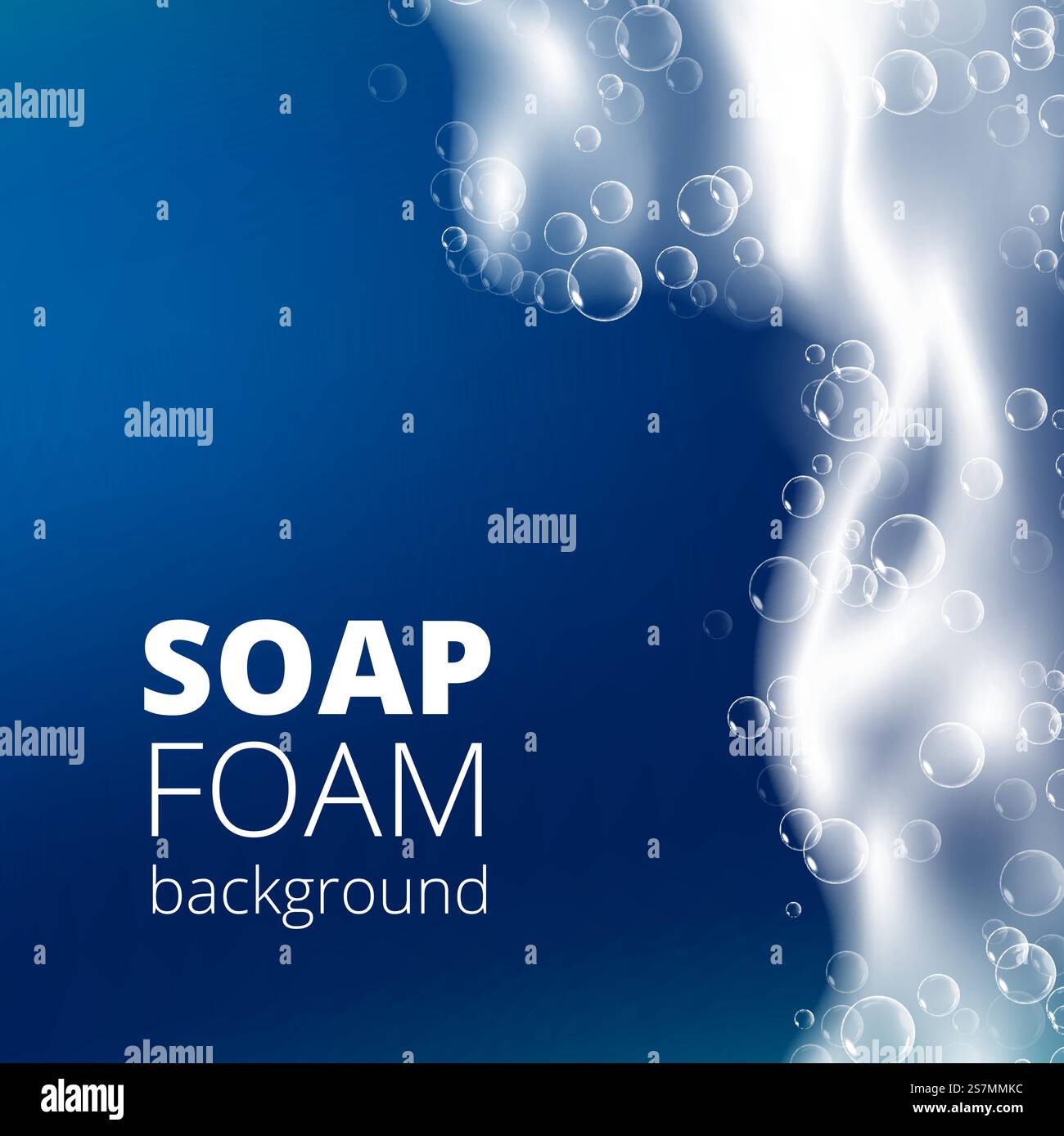 Beautiful blue background with realistic Soap foam with bubbles. Shiny ...