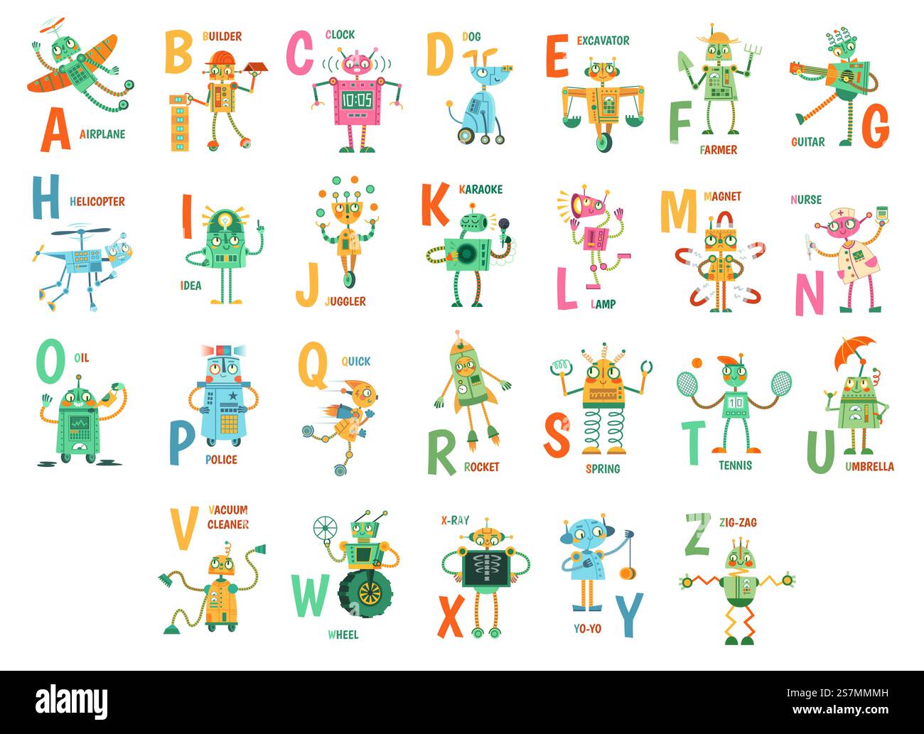 Cartoon robots alphabet. Funny robot characters, ABC letters for kids and education poster with ...