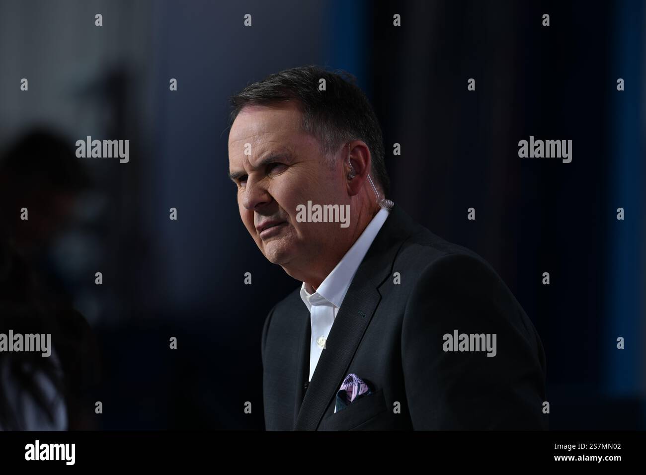 Channel Nine reporter Tony Jones is seen during an on air broadcast ...
