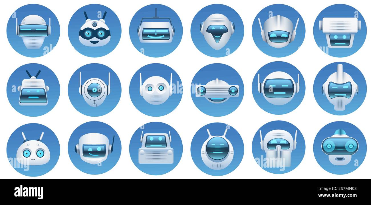 Robot head avatars. Cartoon virtual assistant, chat bot faces, robots logo, emoji and mascots ...