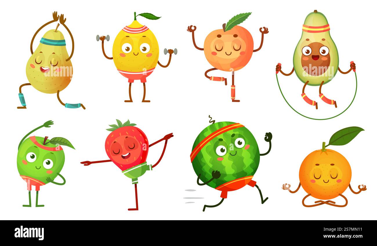 Fruit characters yoga. Fruits in fitness exercises poses, wellness food ...