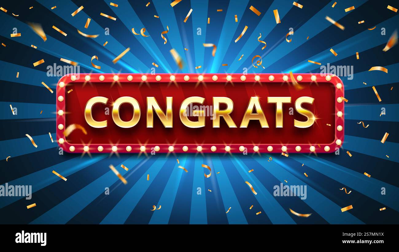 Congrats banner. Winner congratulations, gold confetti and golden ...