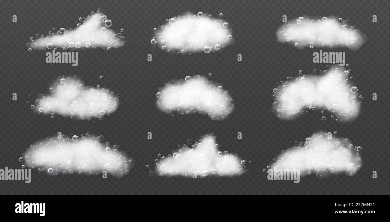 Soap foam with bubbles. Realistic shampoo white suds. Bath and shower ...