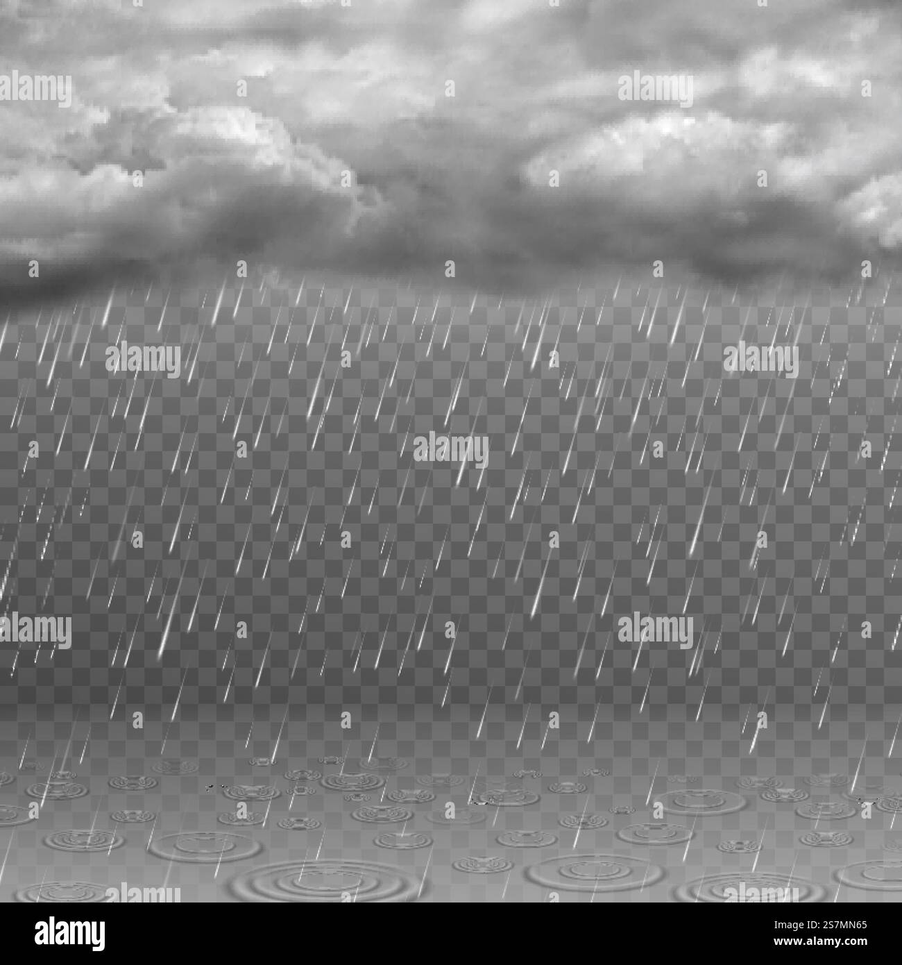 Realistic rain cloud. Dark stormy sky, falling water drops, clouds and ripples in puddles. Rainy ...