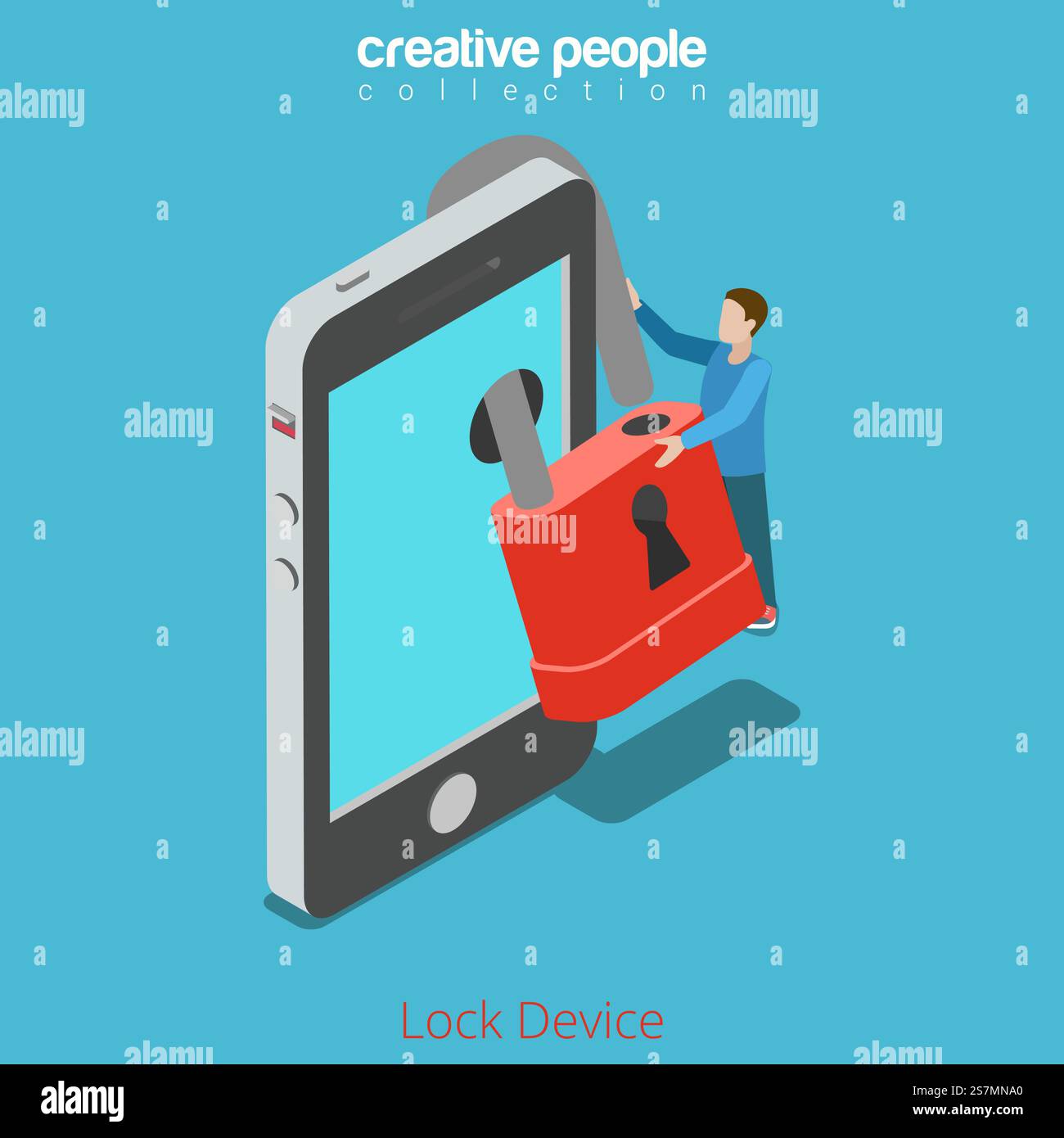 Lock your device secure content concept. Micro man locking lock over ...