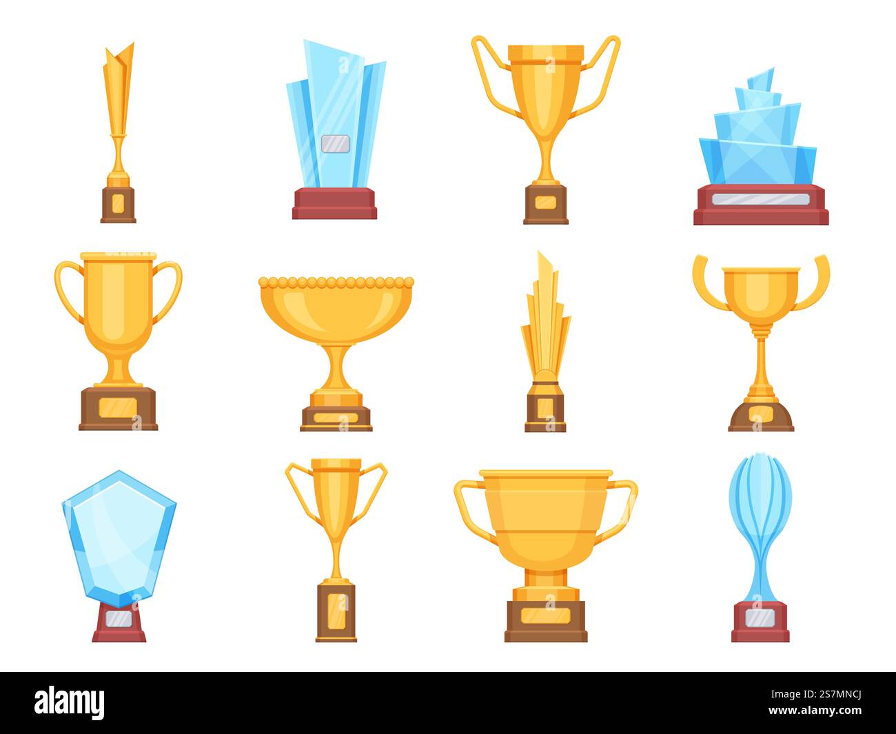 Golden trophy cups. Glass and gold award trophies for sports or ...