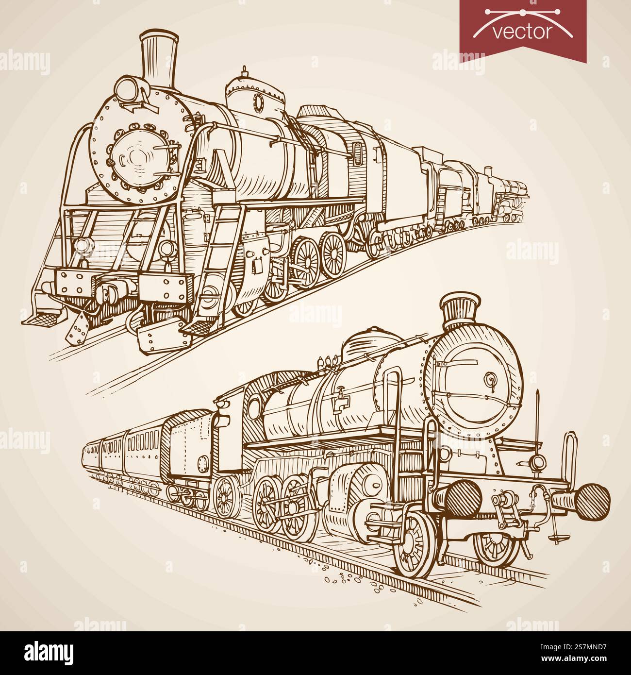 Engraving vintage hand drawn vector retro train collection. Pencil ...
