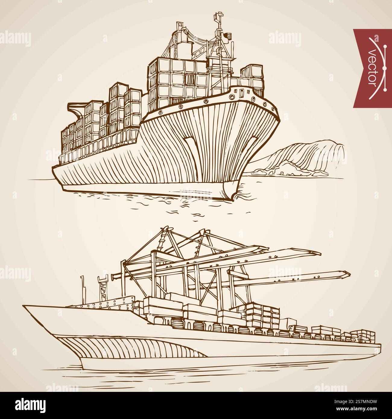 Engraving vintage hand drawn vector Ship deliver and unload cargo ...
