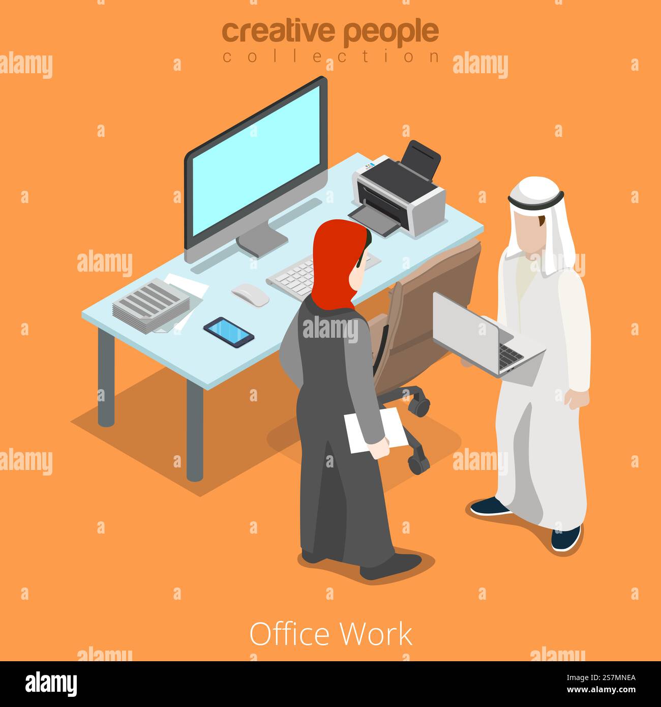 Isometric arabic islamic muslim businessman business office work ...