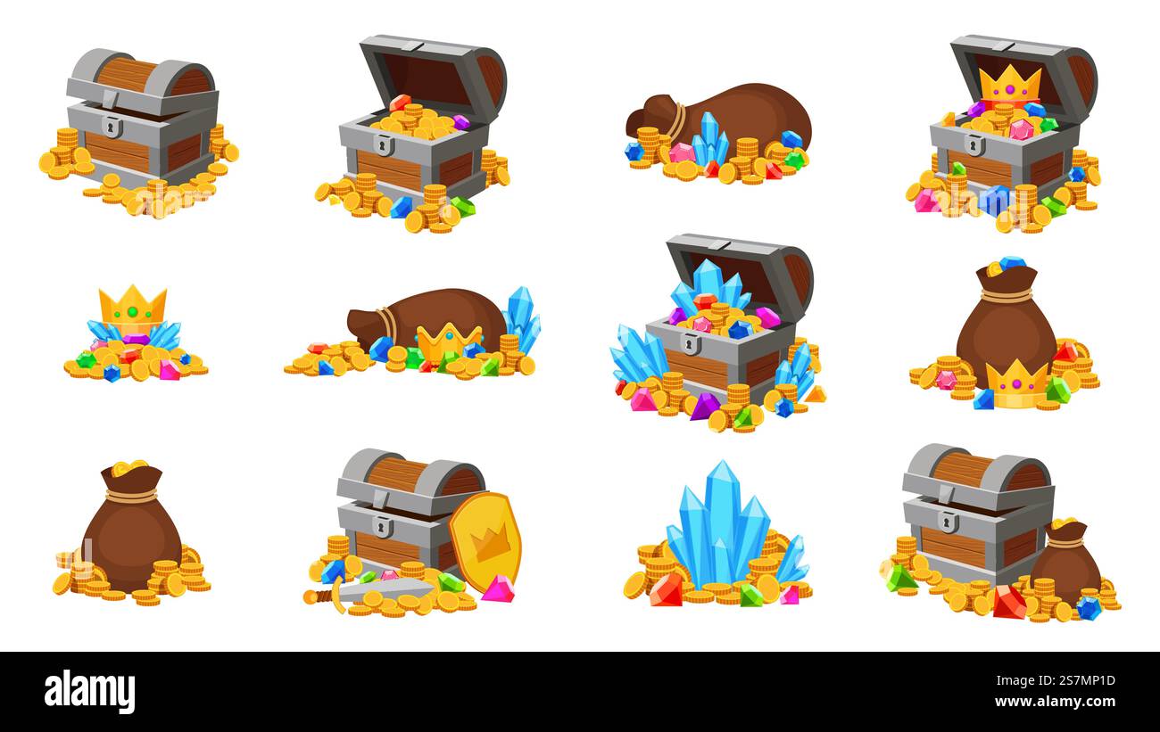 Cartoon treasure. Game icons of open chests and bags with gold coins ...