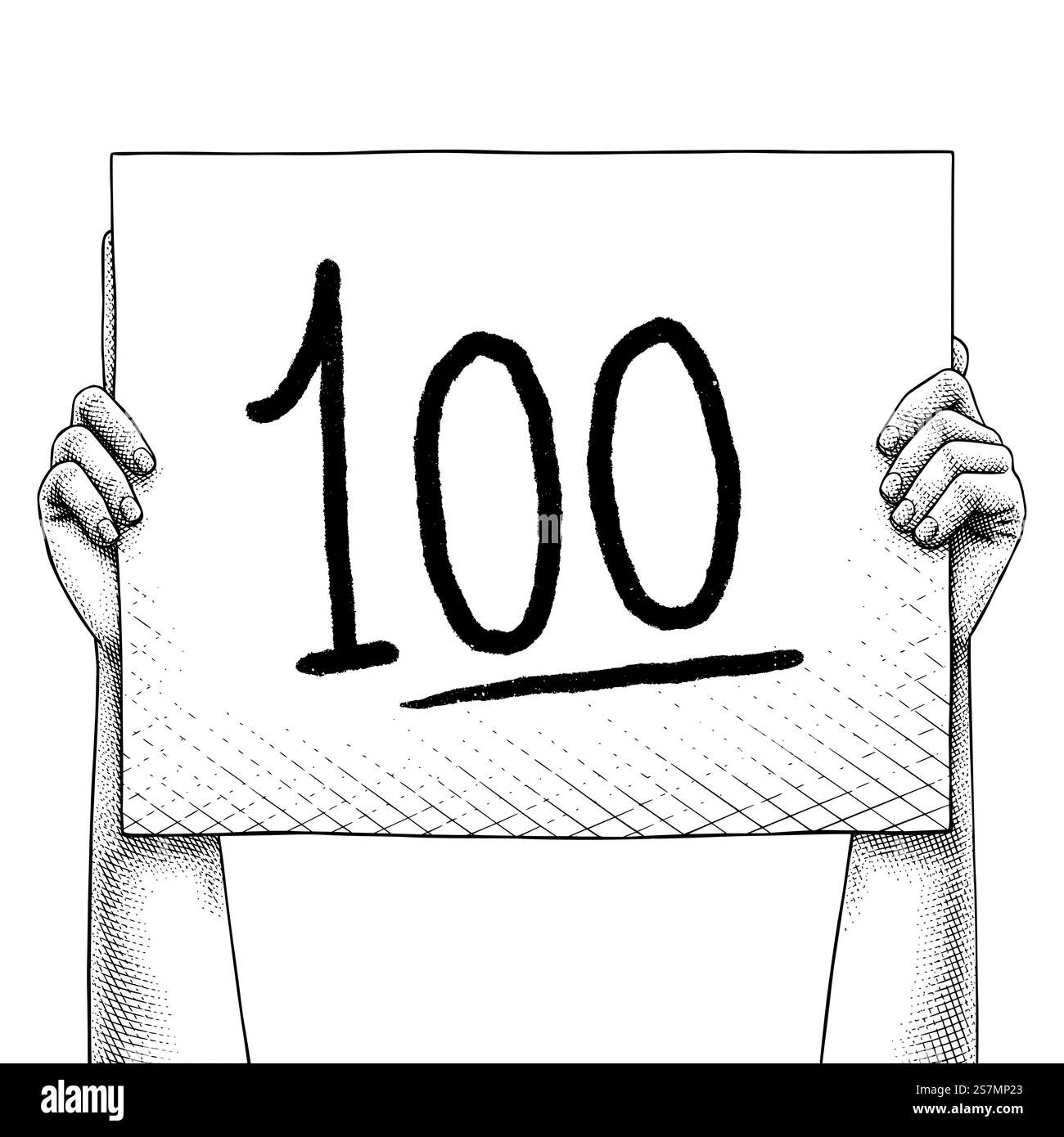 Hand raising a sign that says 100 drawn using engraving technique Stock ...