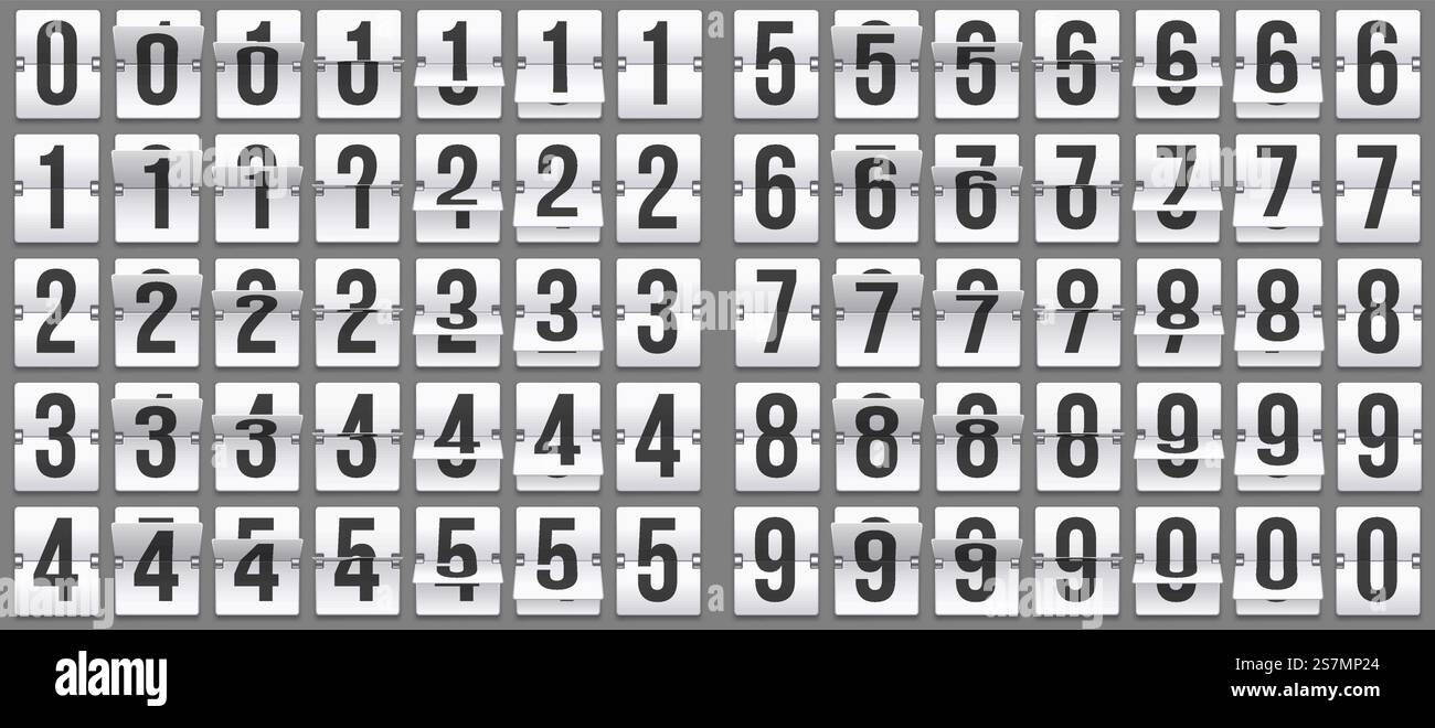 Flip clock numbers. Retro countdown animation, mechanical scoreboard number and numeric counter ...
