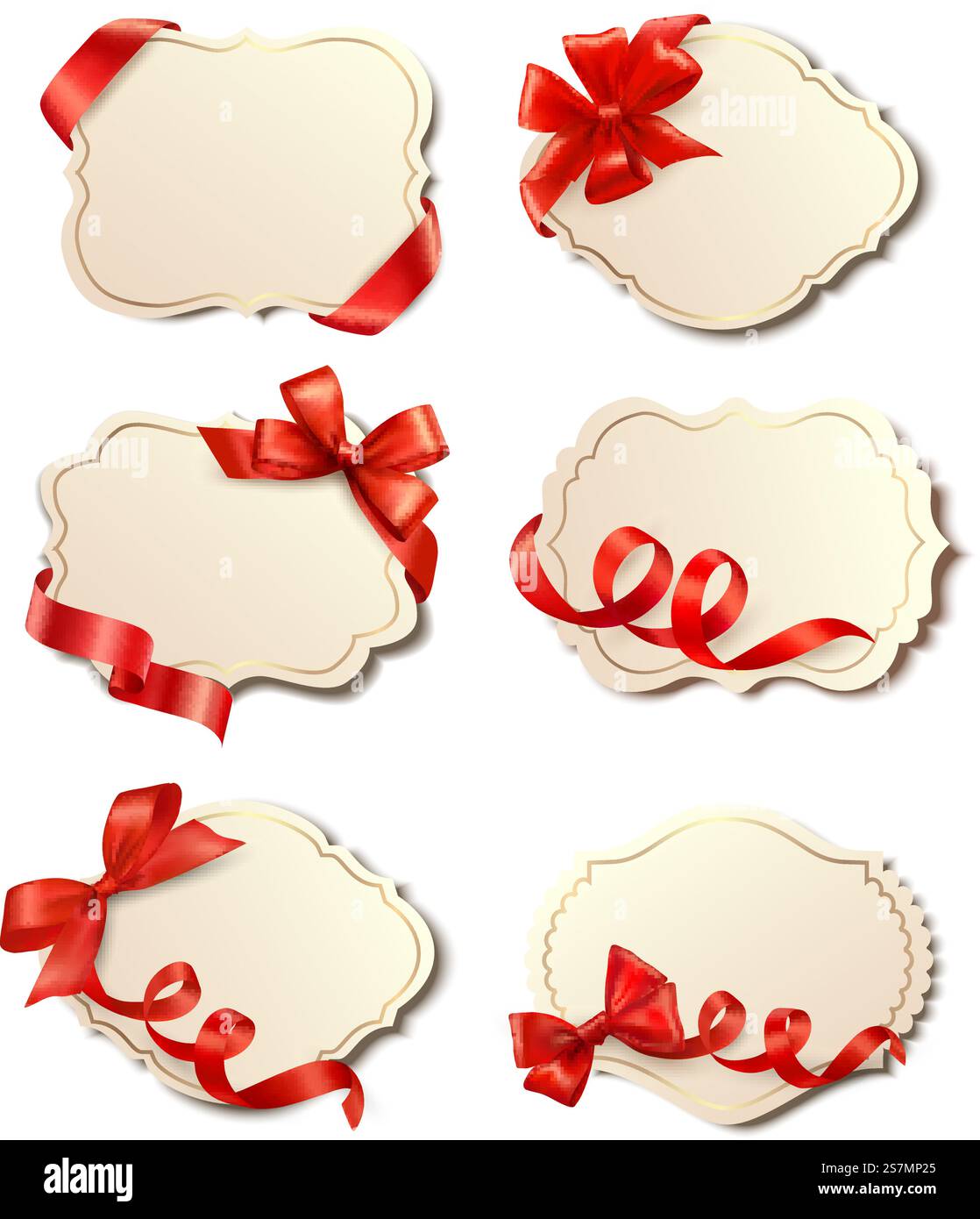 Set of beautiful cards with red gift bows with ribbons Vector Stock ...