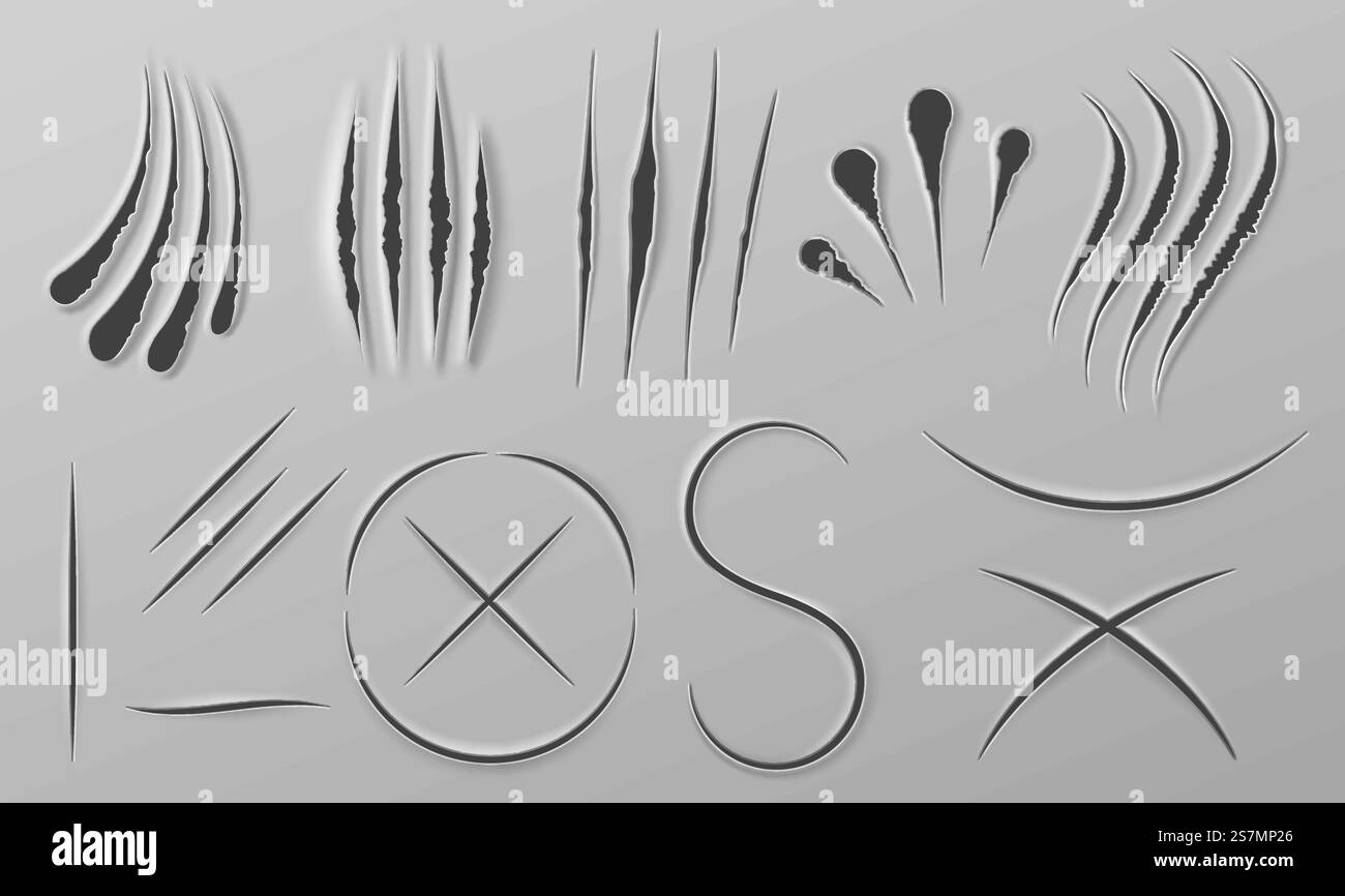 Realistic paper knife cuts. Wild animal claw scratches, slice line and ...