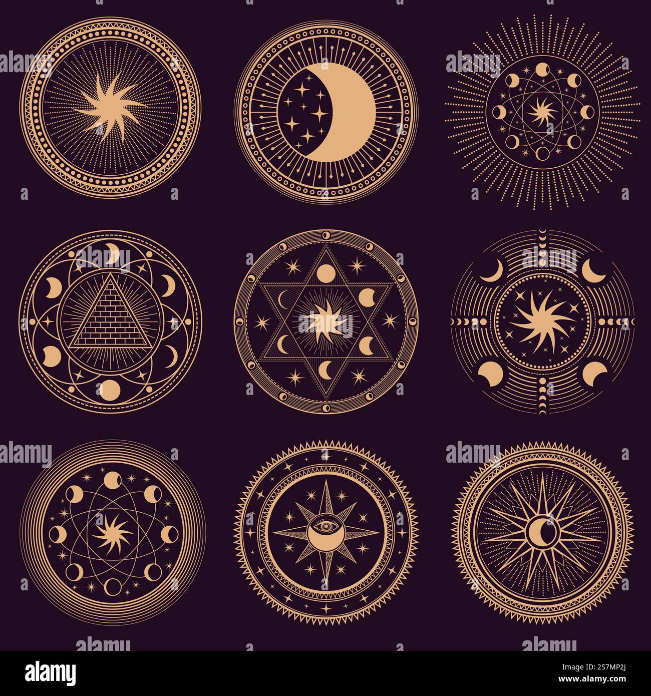 Mystic circle symbols vector illustration set astrology moon and ...
