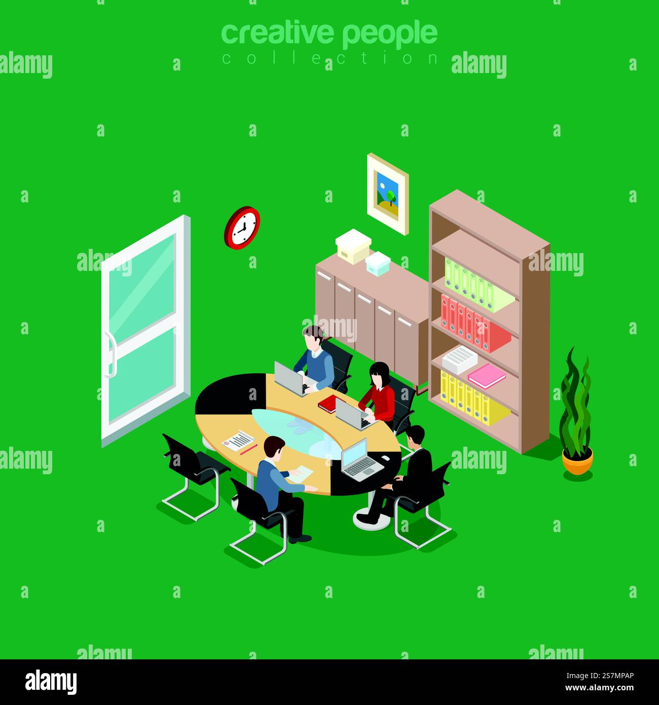 Flat isometric team collaboration in office meeting room interior ...