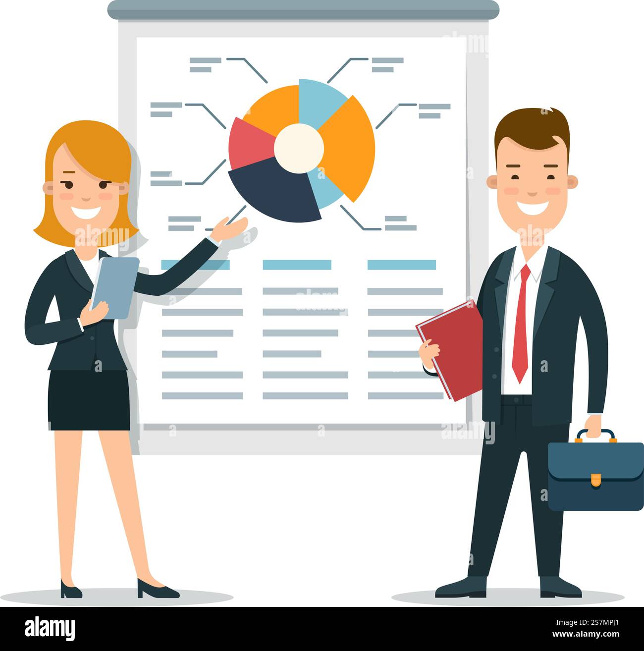 Flat young smiley businesspeople making report or presentation vector ...