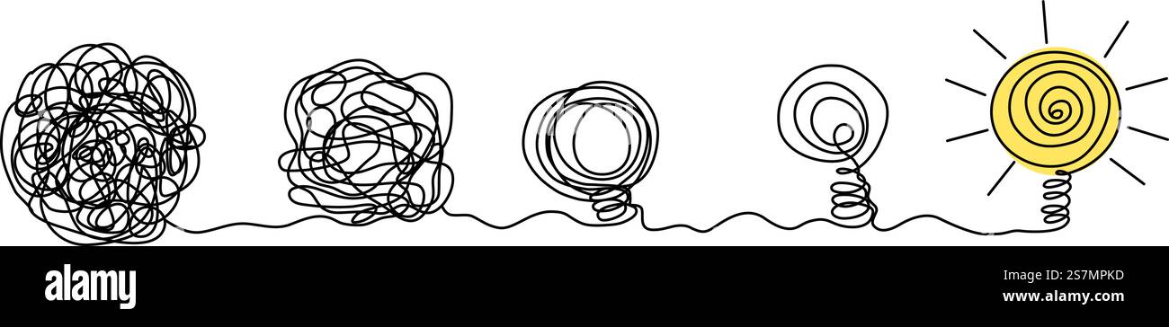Process of complex problem to simple solution idea concept. Chaos scribble line turn into light ...