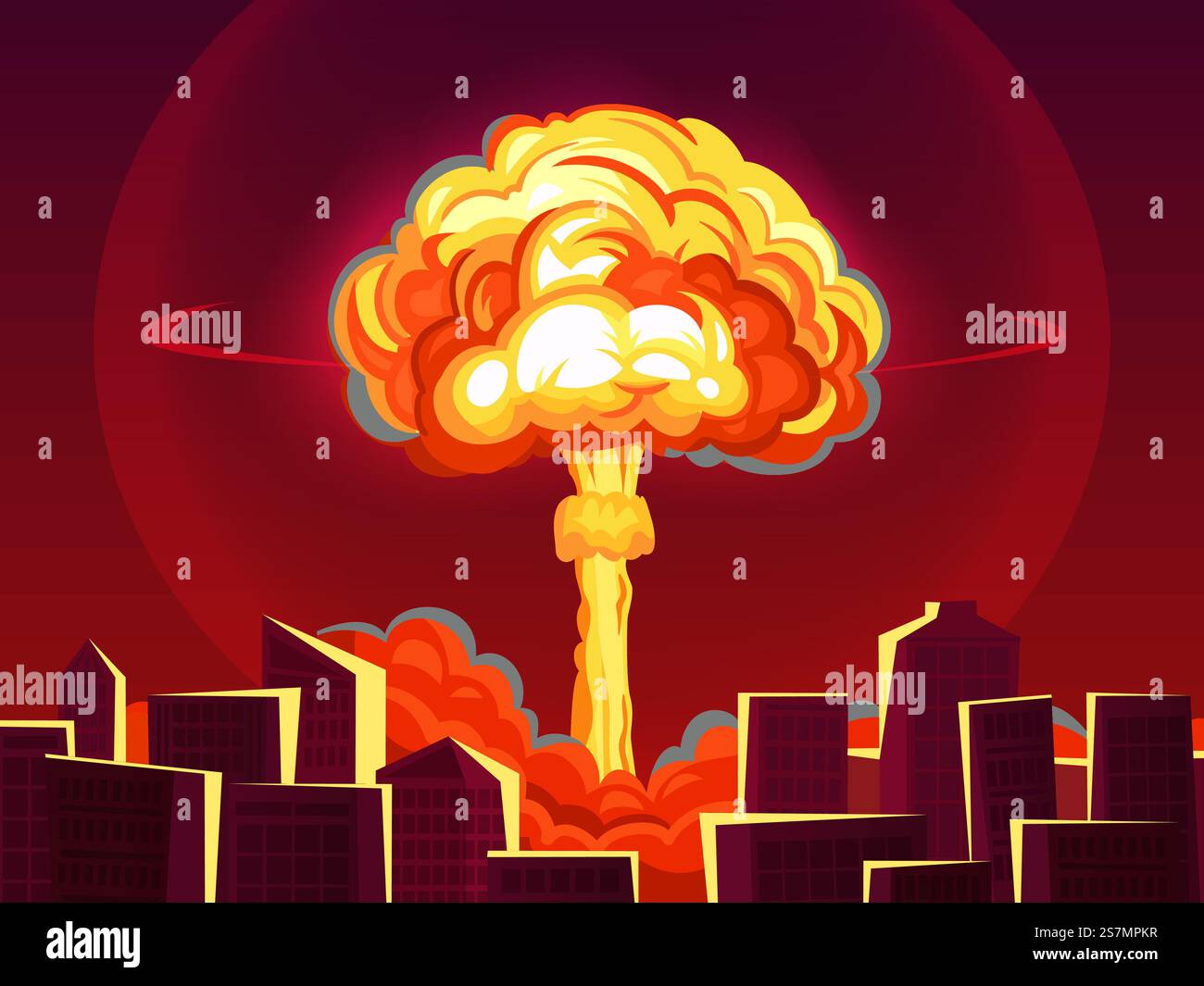 Nuclear explosion in city. Atomic bombing, bomb explosion fiery mushroom cloud and war ...
