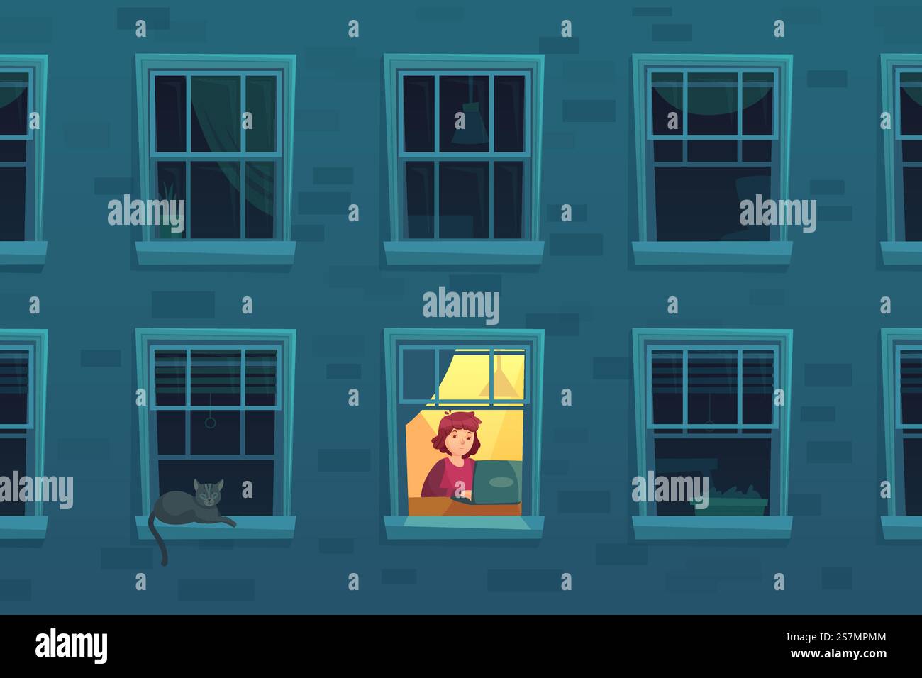 Working at night. Busy workaholic works home at nights when neighbors ...