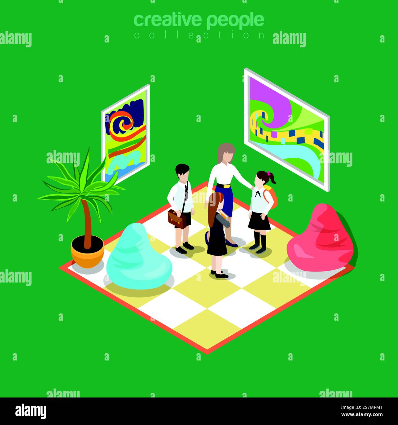 Isometric flat teacher and students in art gallery, museum lounge room ...