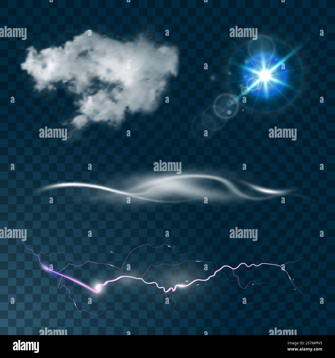Weather realistic icons set isolated on dark transparent background ...