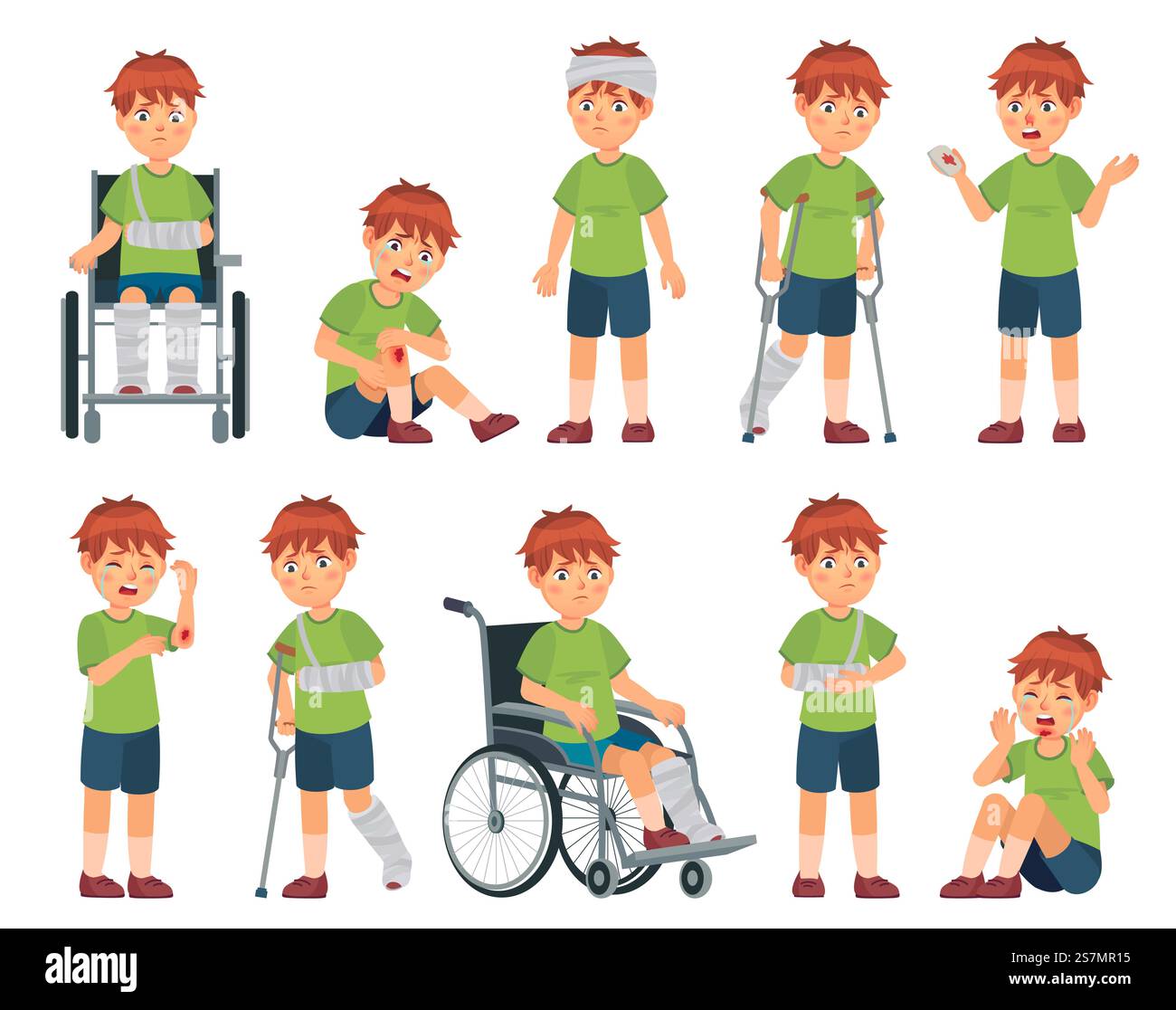 Kid with injury. Boy bruised hand, broke leg and arm. Injuries head ...