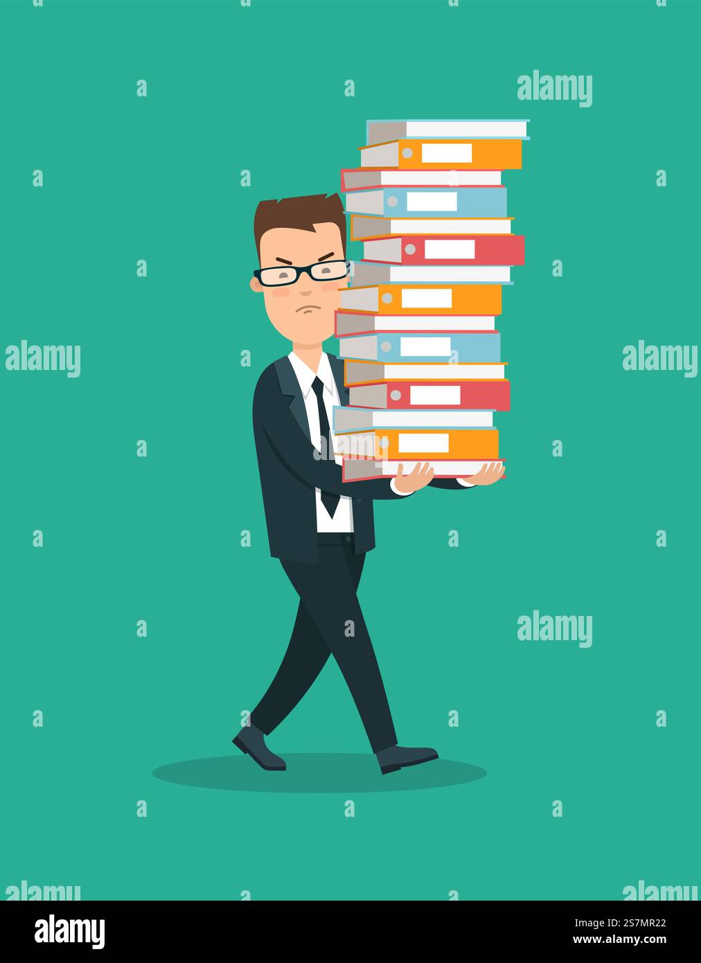 Flat young unhappy businessman carrying folders vector illustration ...