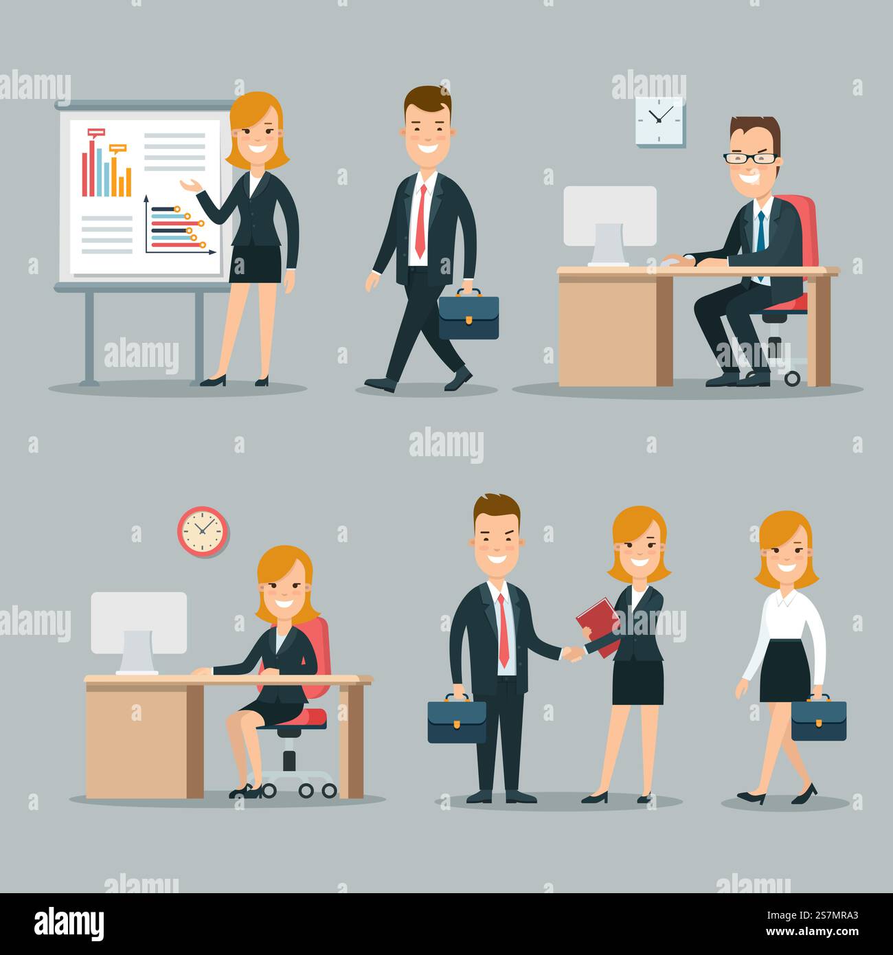Flat young smiley businesspeople at meeting and working places vector ...