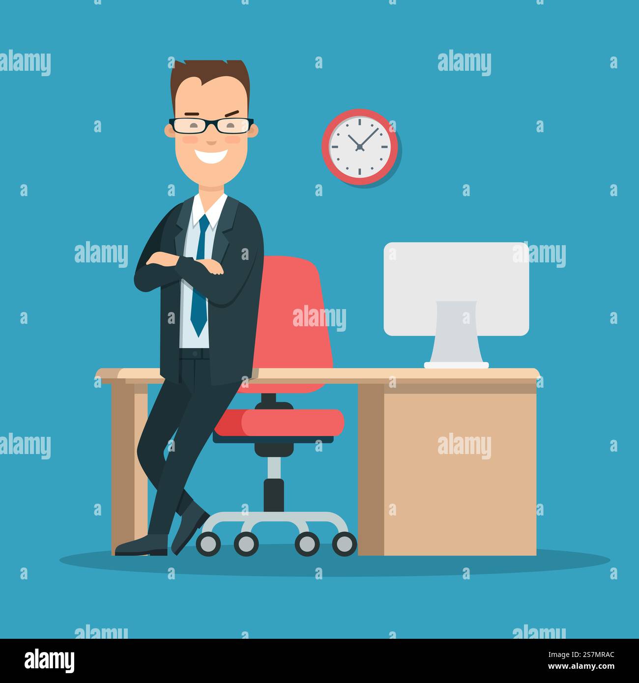Flat young smiley businessman standing near working place vector ...