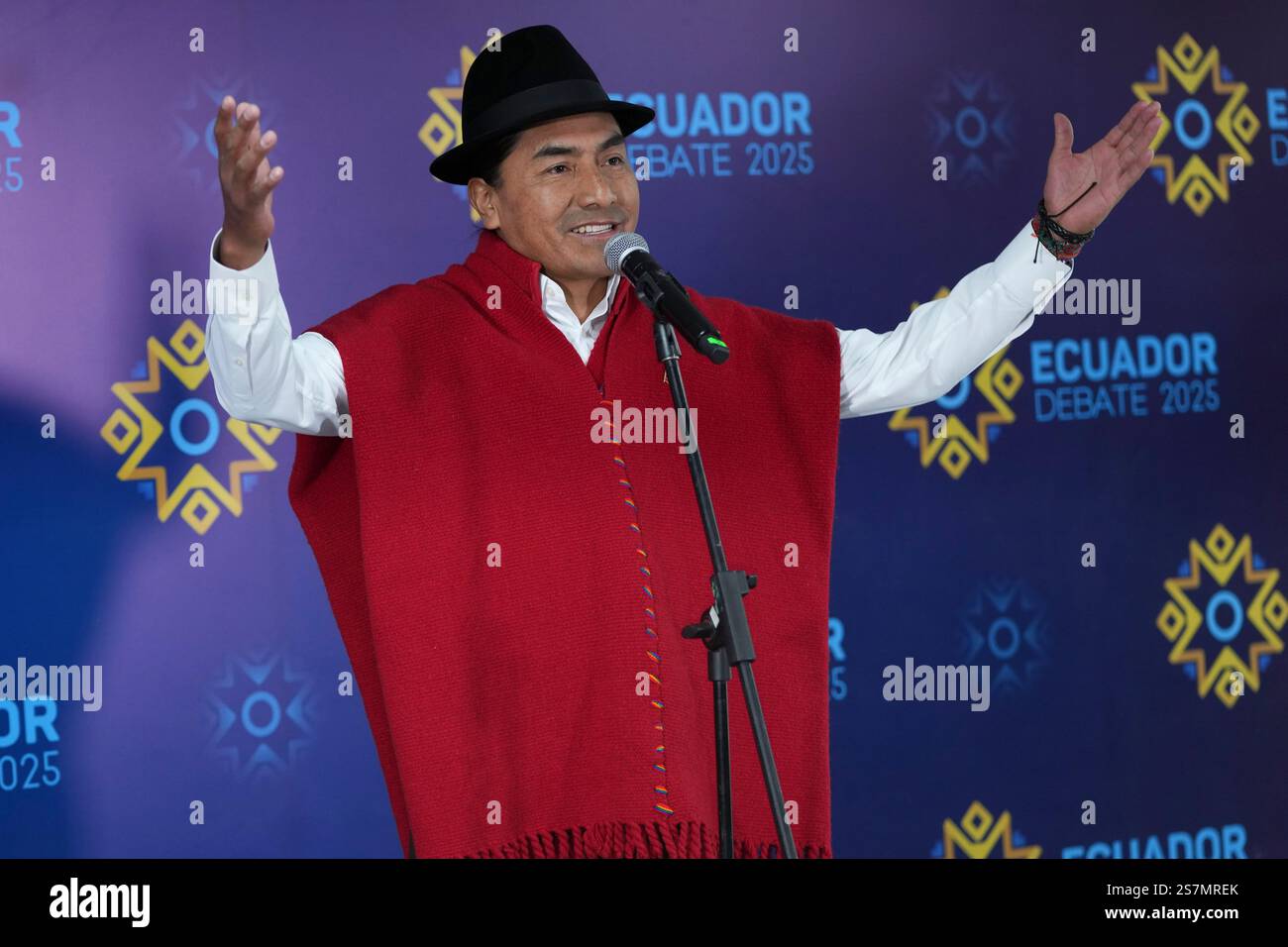 Pachakutik's presidential candidate Leonidas Iza speaks before a ...