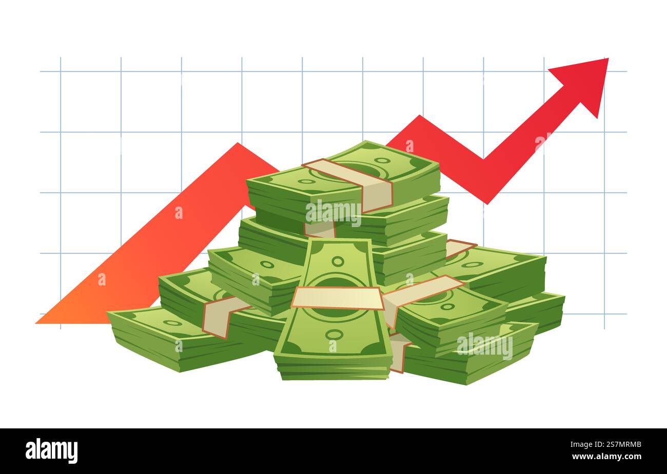 Growing cash graph. Pile of cash, money value red rising graph arrow ...
