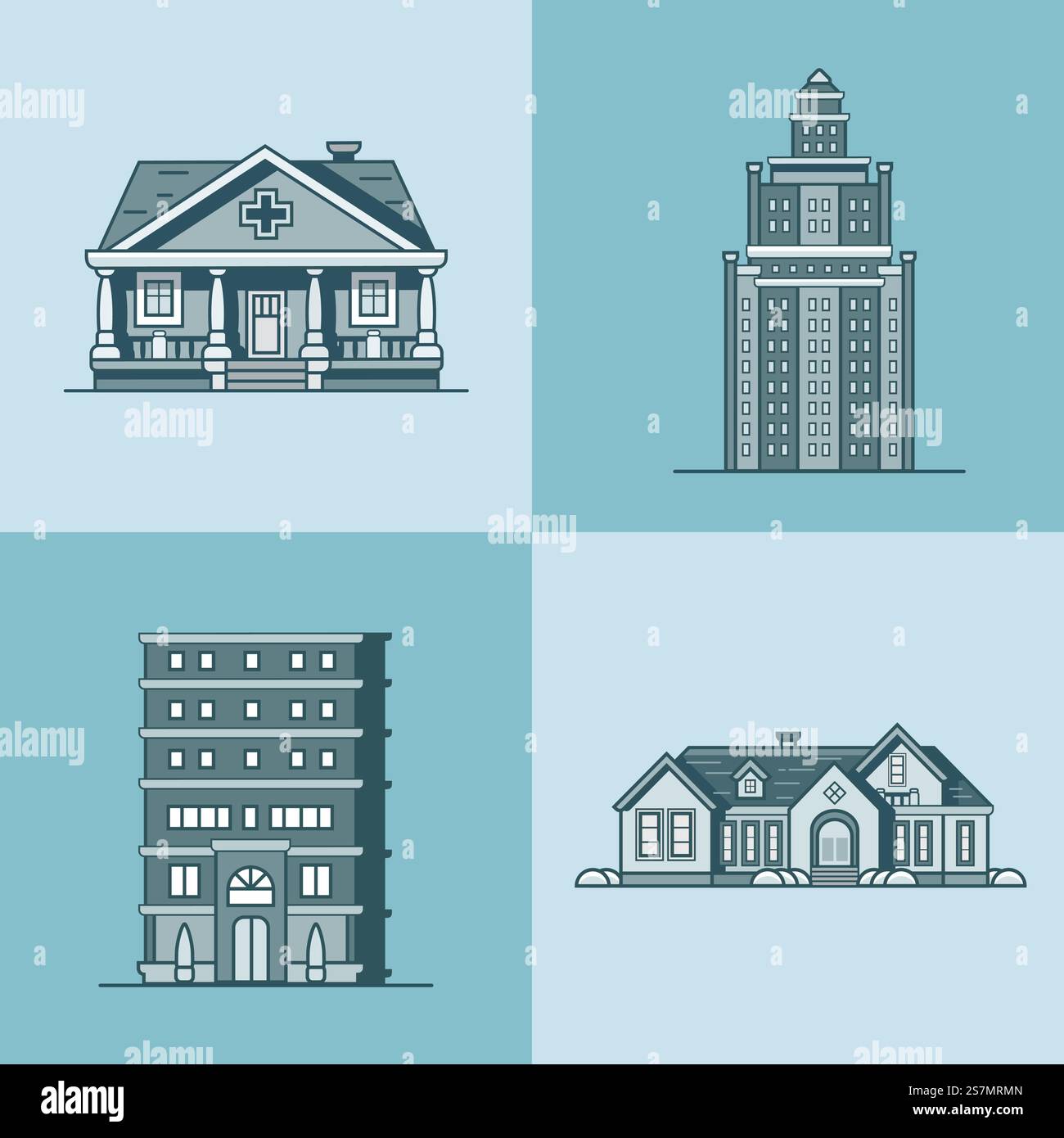 City town house architecture public building set. Linear stroke outline ...