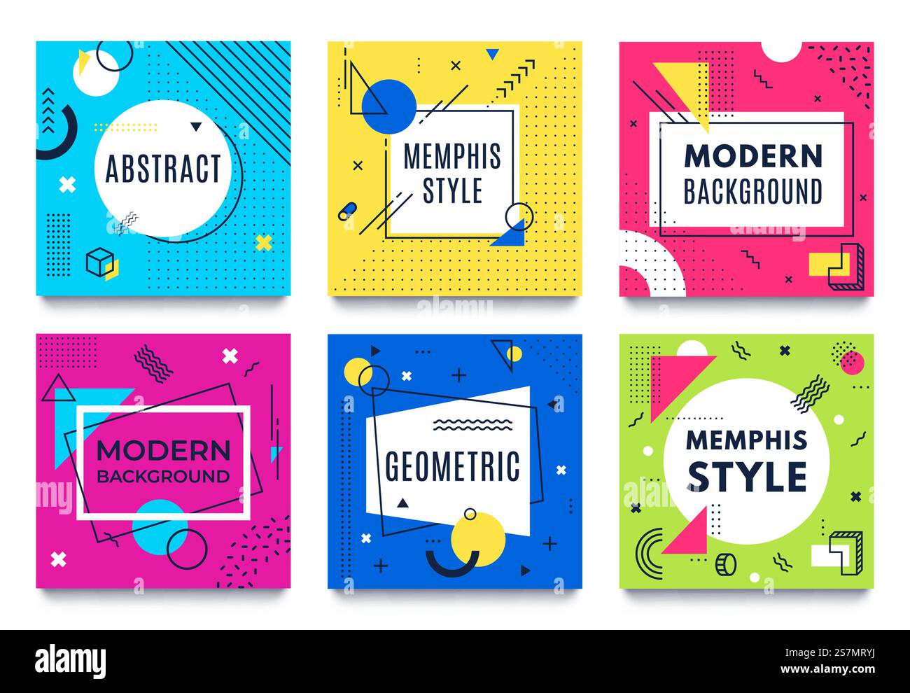 Abstract geometric frame. Memphis square cards, funky colourful stripes ...