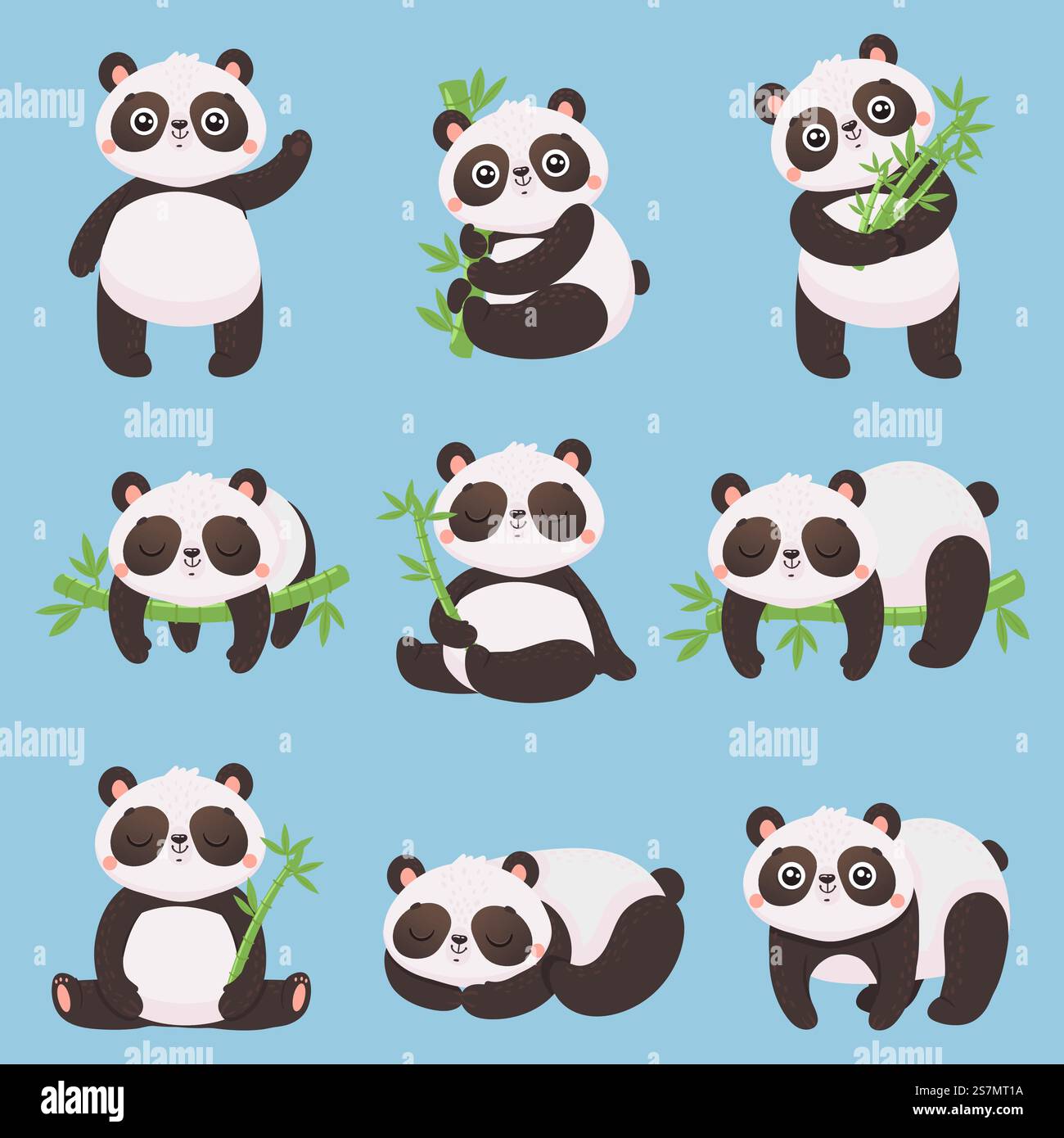 Cartoon panda kids. Little pandas, funny animals with bamboo and cute ...