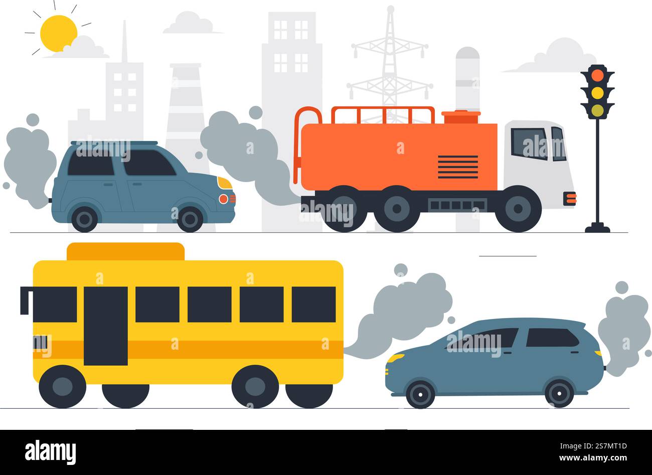 Car Air Pollution Vector Illustration featuring a Polluted Urban ...