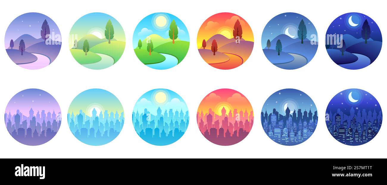 Day time landscape. Dawn, morning city, sunny day, evening sunset ...