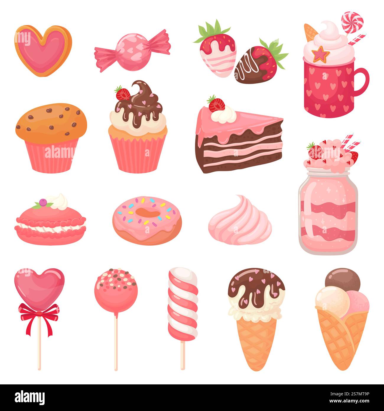 Cute Valentines sweets. Heart lollipop, sweet ice cream and strawberry ...