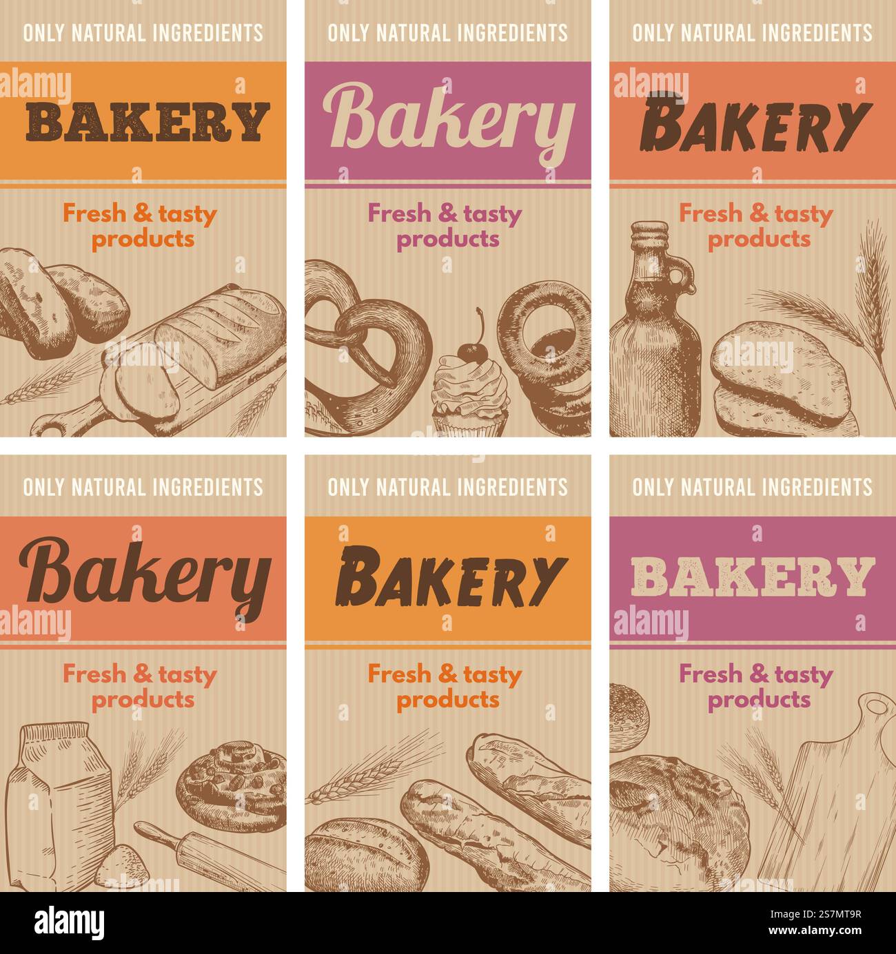 Bakery posters. Fresh bread, sketch wheat ear and tastiness natural ...