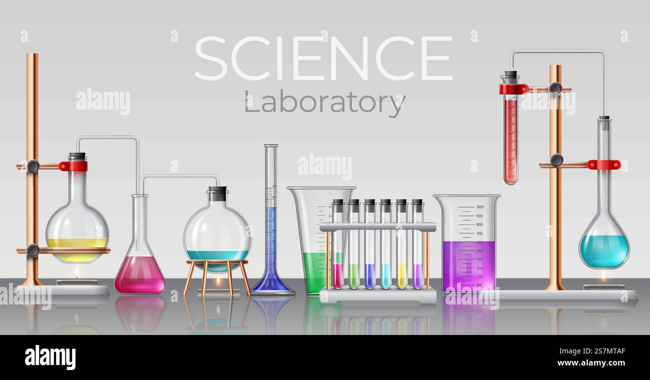 Realistic science laboratory. Chemical lab glassware, beakers, test ...