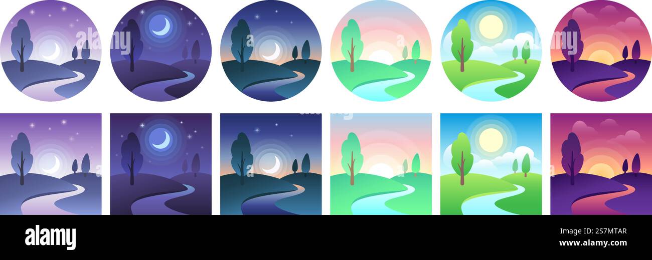 Landscape time icons. Sky and field daytime circle and square icon ...