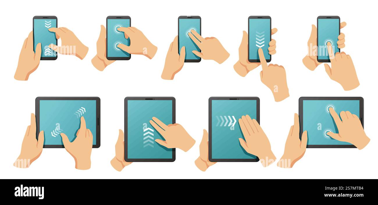 Touchscreen gestures. Hands on smartphone and tablet multi touch screen ...