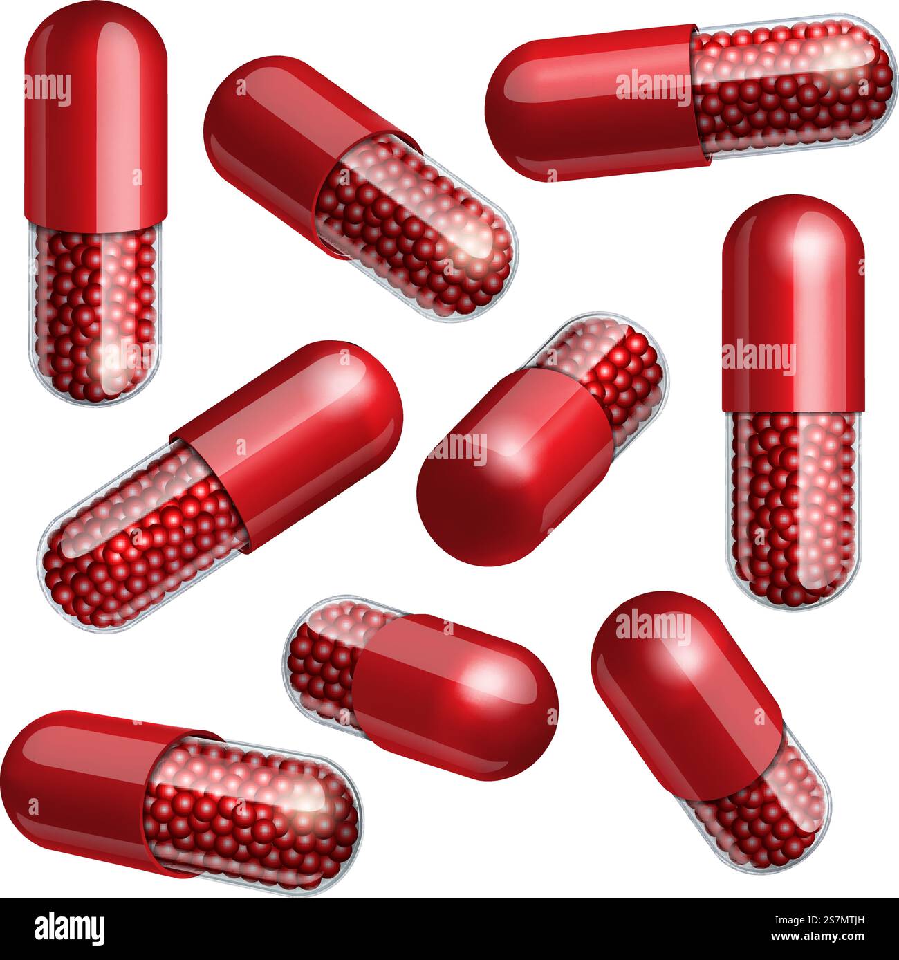 Medical red capsule with granules in different positions. Vector ...