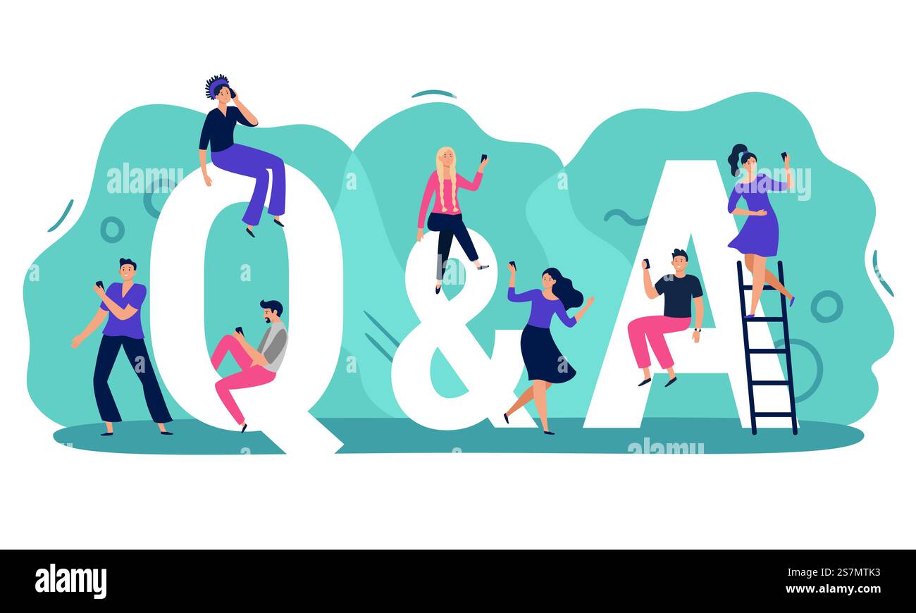 Questions and answers. Q A with people, persons with smartphones ask ...