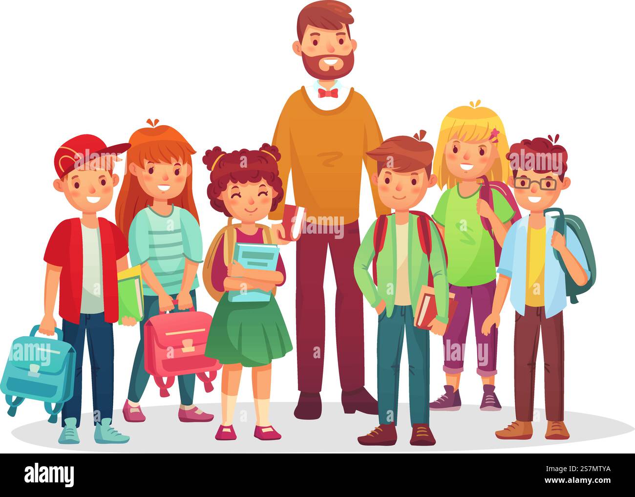 Junior high school kids and teacher. Man and happy teenagers with ...