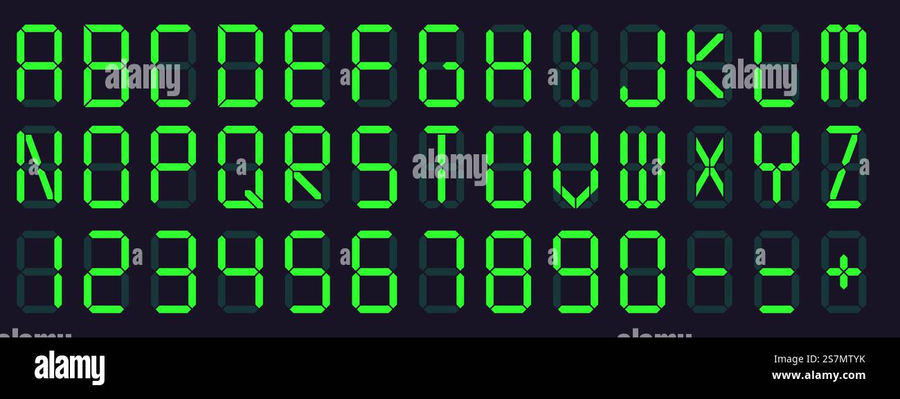 Digital display font. Alarm clock letters and numbers, electronic ...