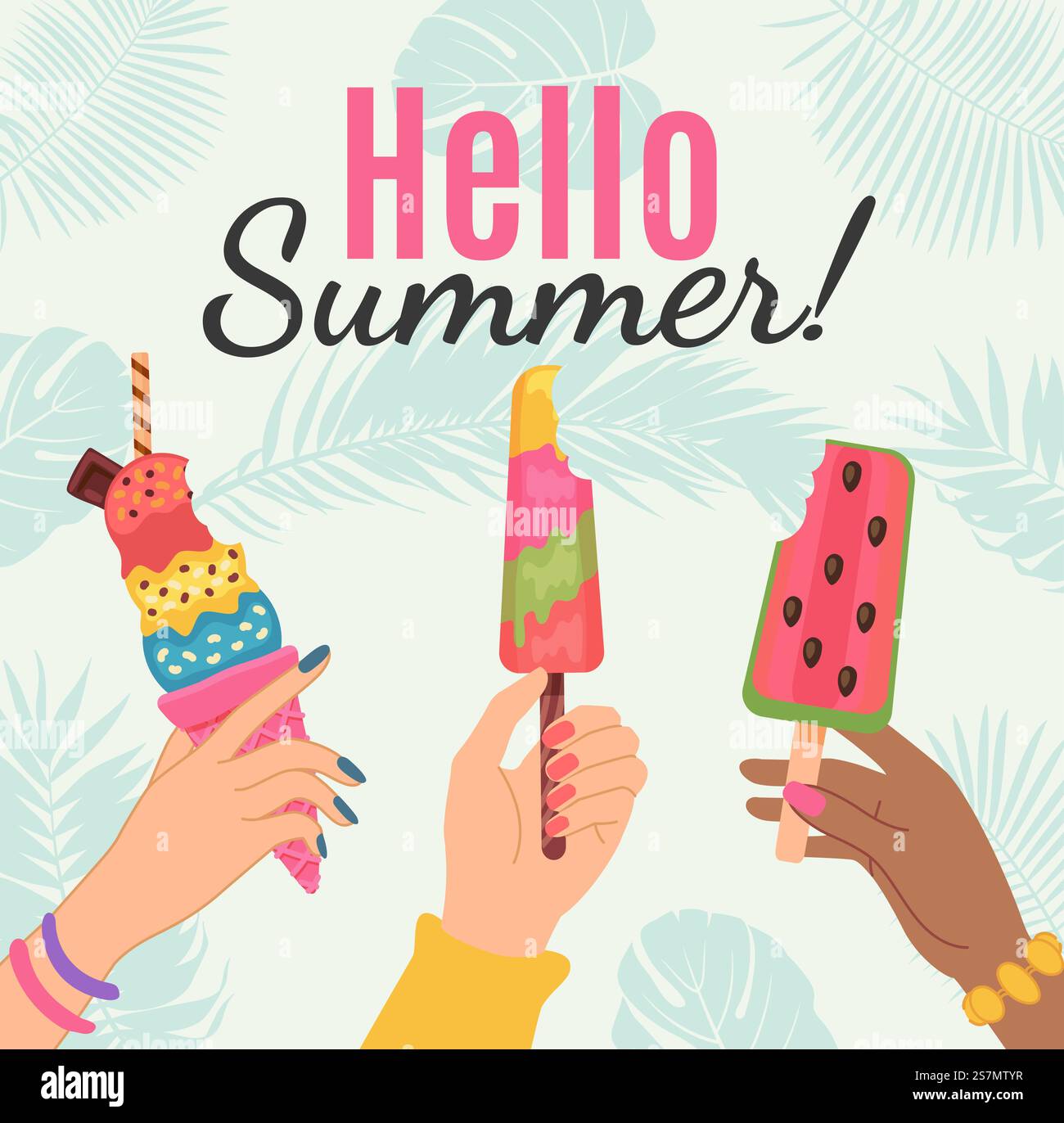 Hello summer poster. Female hands holding ice cream and watermelon ...