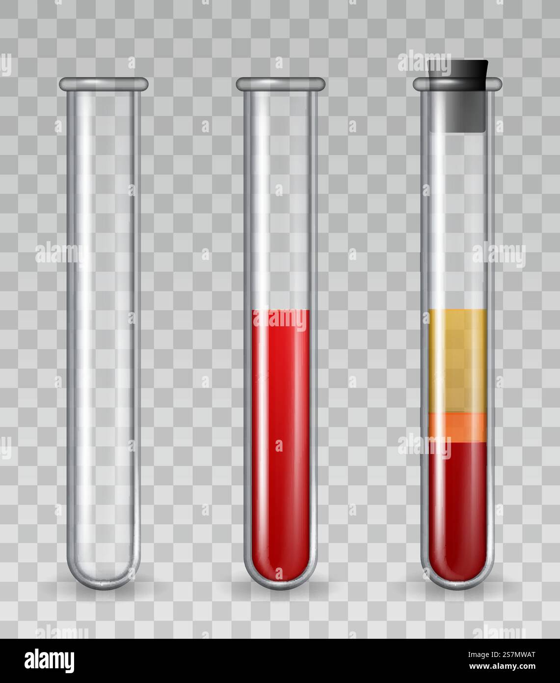 Test tubes with blood. Realistic glass medical tube empty, filled with ...