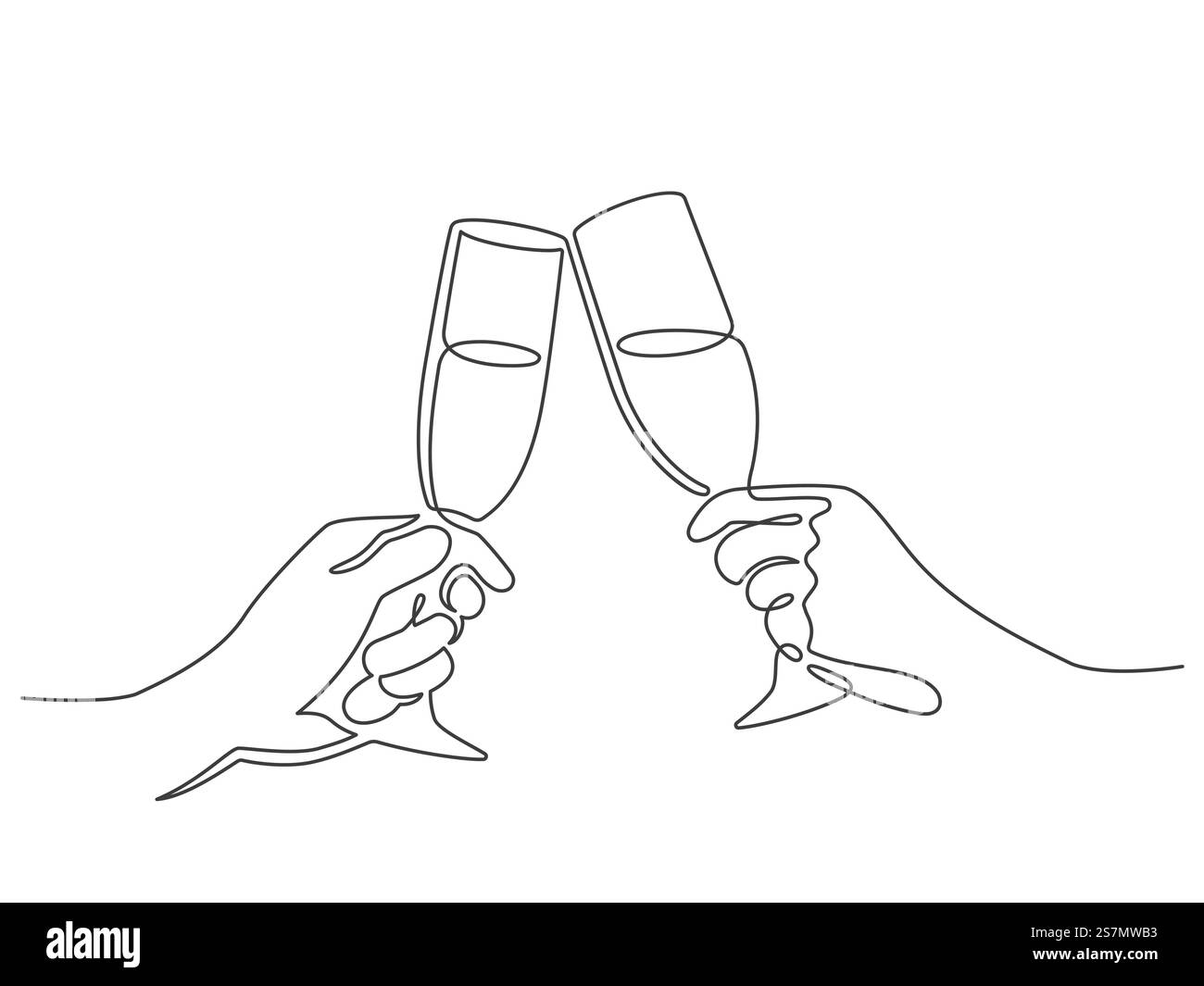 Continuous line champagne cheers. Hands toasting with wine glasses with ...
