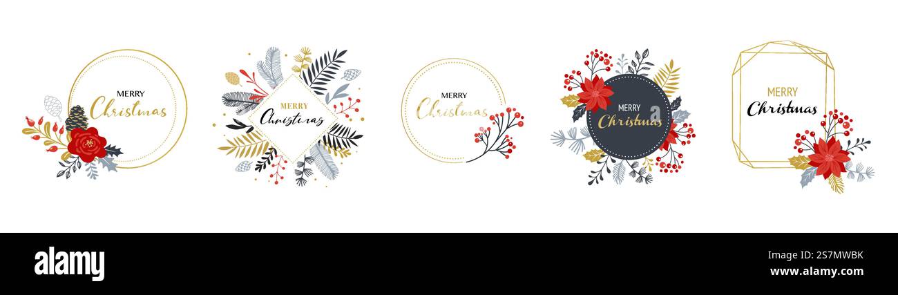 Merry Christmas logos, hand drawn elegant, delicate monograms isolated ...